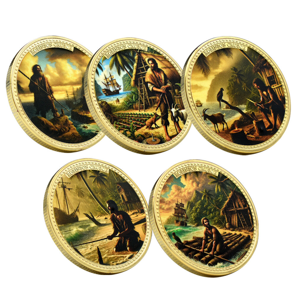 Набор памятных монет «Робинзон Крузо», коллекция из 5 позолоченных металлических монет с изображением сцен морских приключений, двусторонние железные монеты для любителей морской тематики, тема мужества и выживания