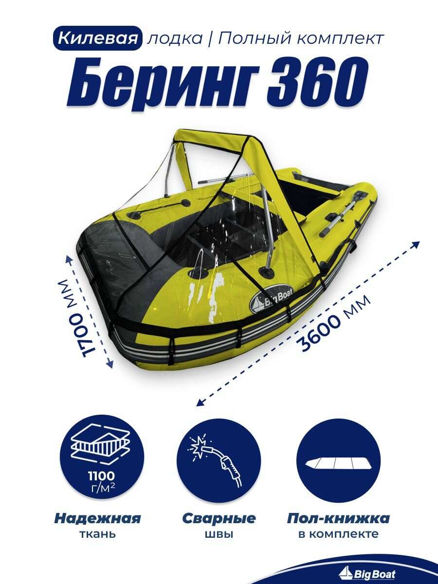 Надувная, под мотор, килевая лодка в полной комплектации (носовой тент, мягкие накладки) из ПВХ для рыбалки Bering (Беринг) 360к, пол-книжка