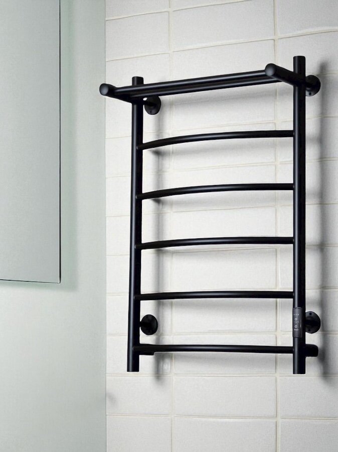 Полотенцесушитель электрический Тругор 800х500 мм, черный с полкой, 5 перекладин универсальное подключение/таймер