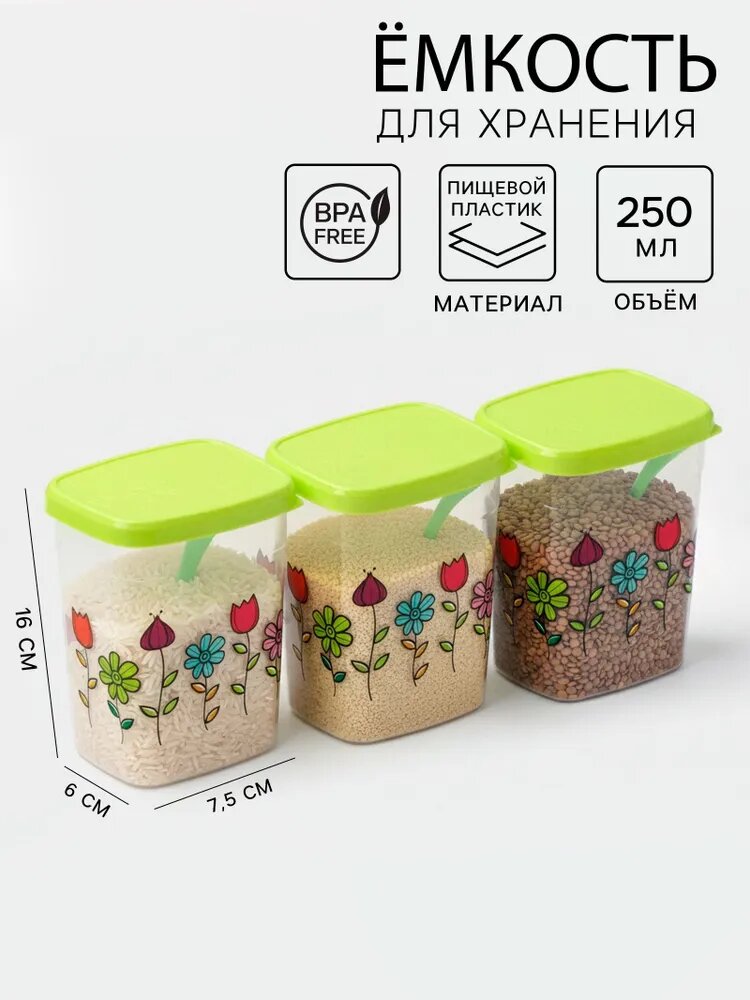 Набор банок для сыпучих Доляна «Клумба», 250 мл, 3 шт, цвет микс