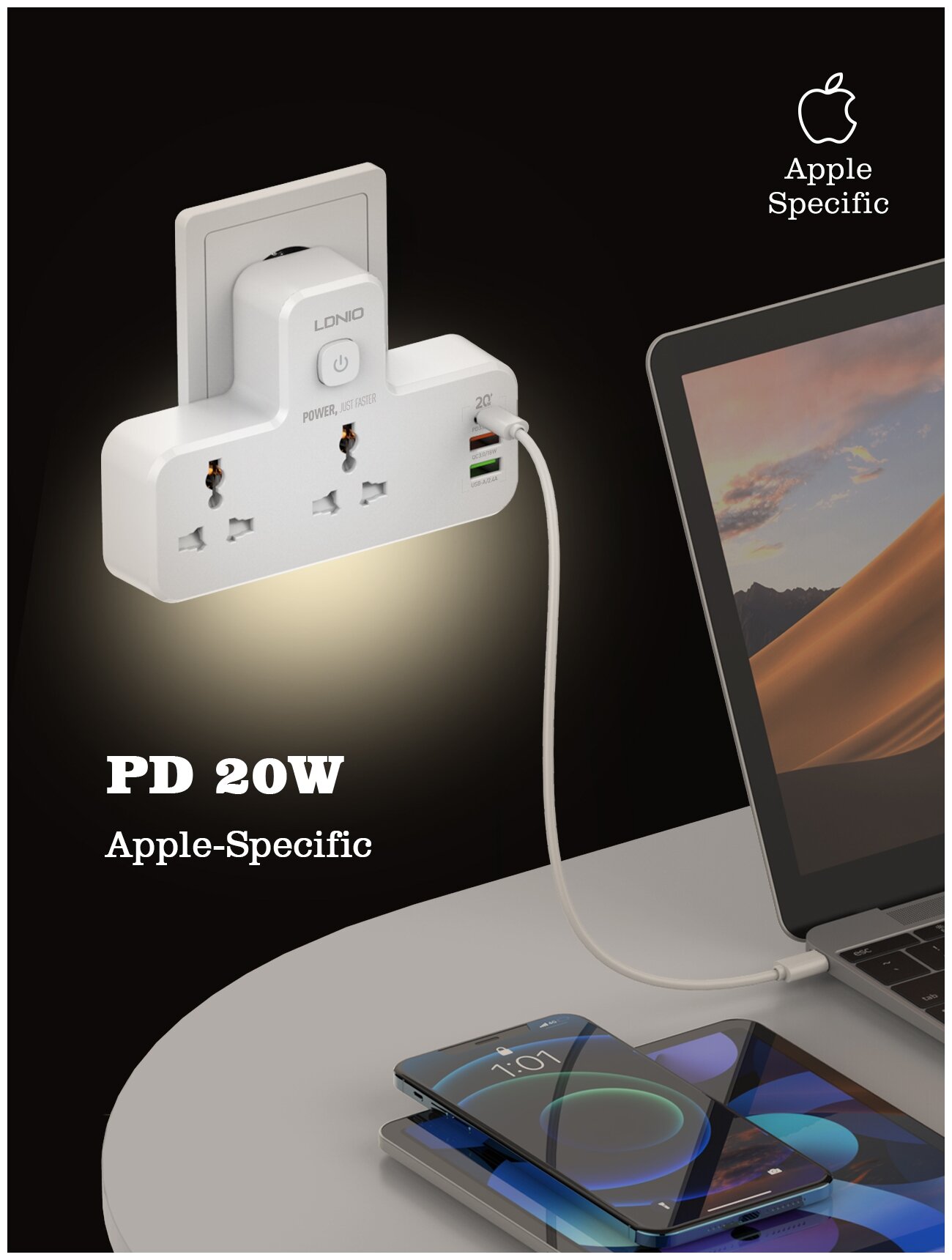 Сетевой фильтр LDNIO SC2311, 2 универсальные розетки + USB-C + 2*USB + Ночник, Белый