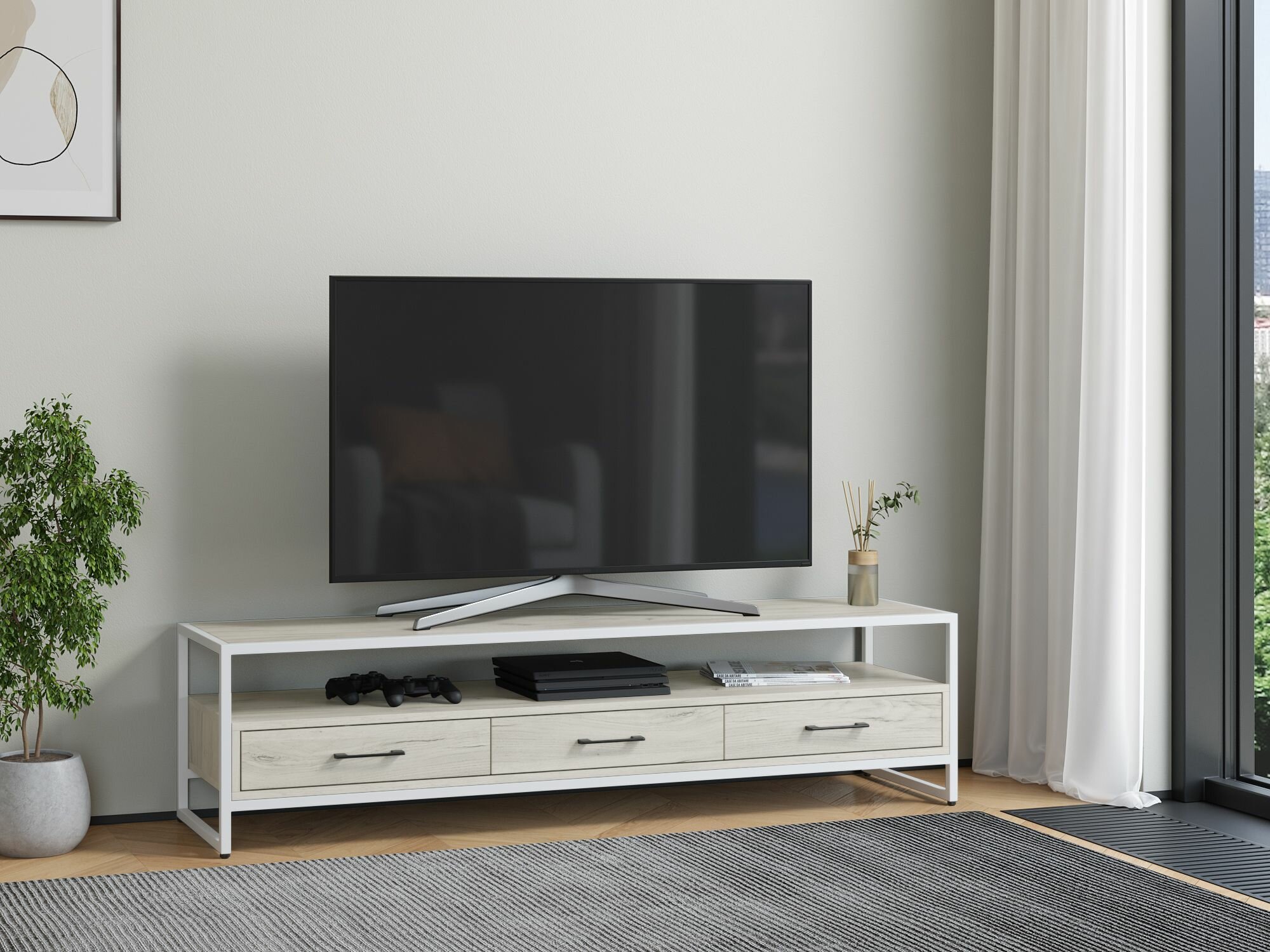 Тумба под ТВ Урбан Лофт 01 с выдвижными ящиками Белый/дуб крафт белый