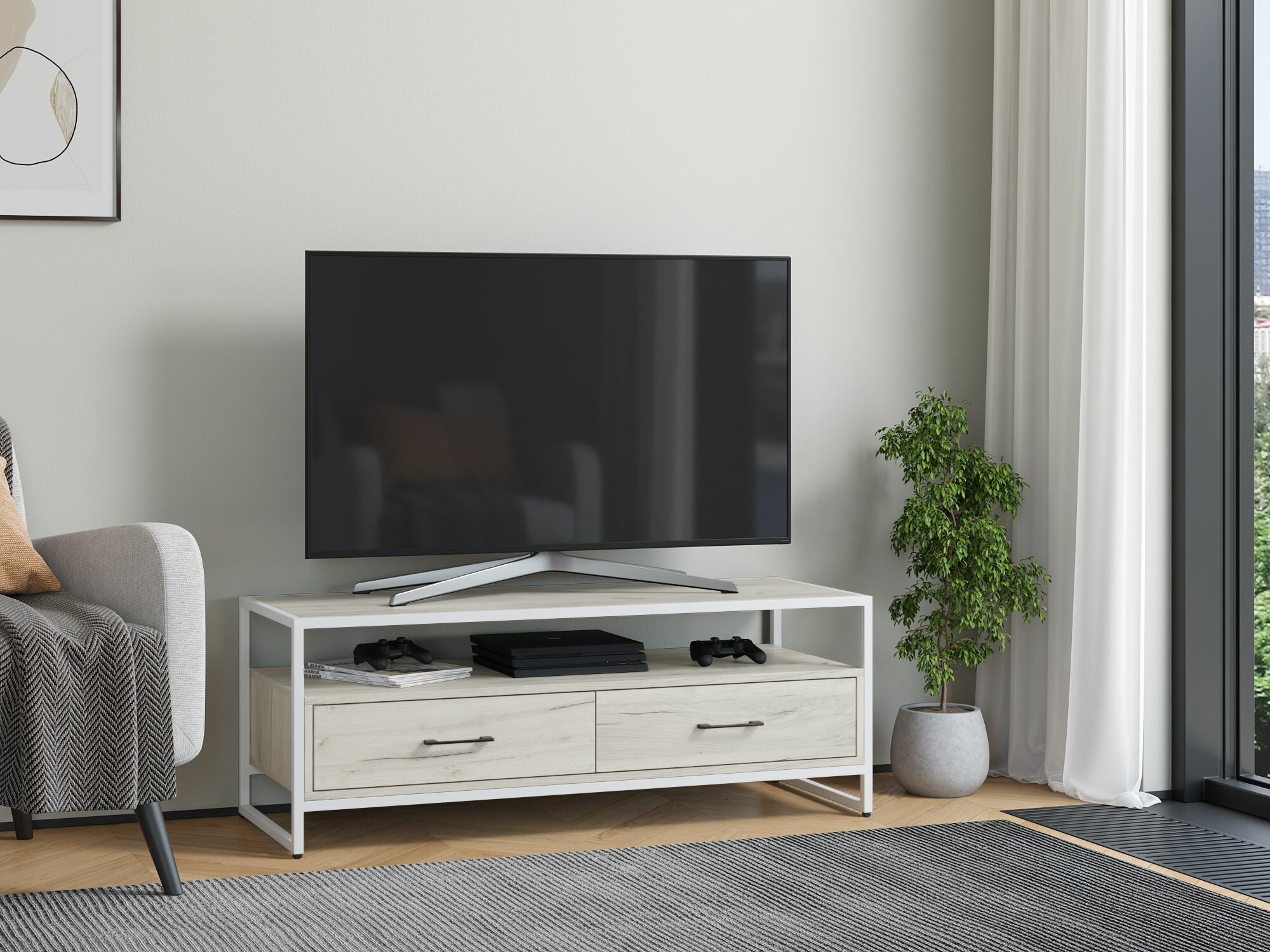 Тумба, под ТВ Urban Лофт 02 с ящиками Белый/дуб крафт белый