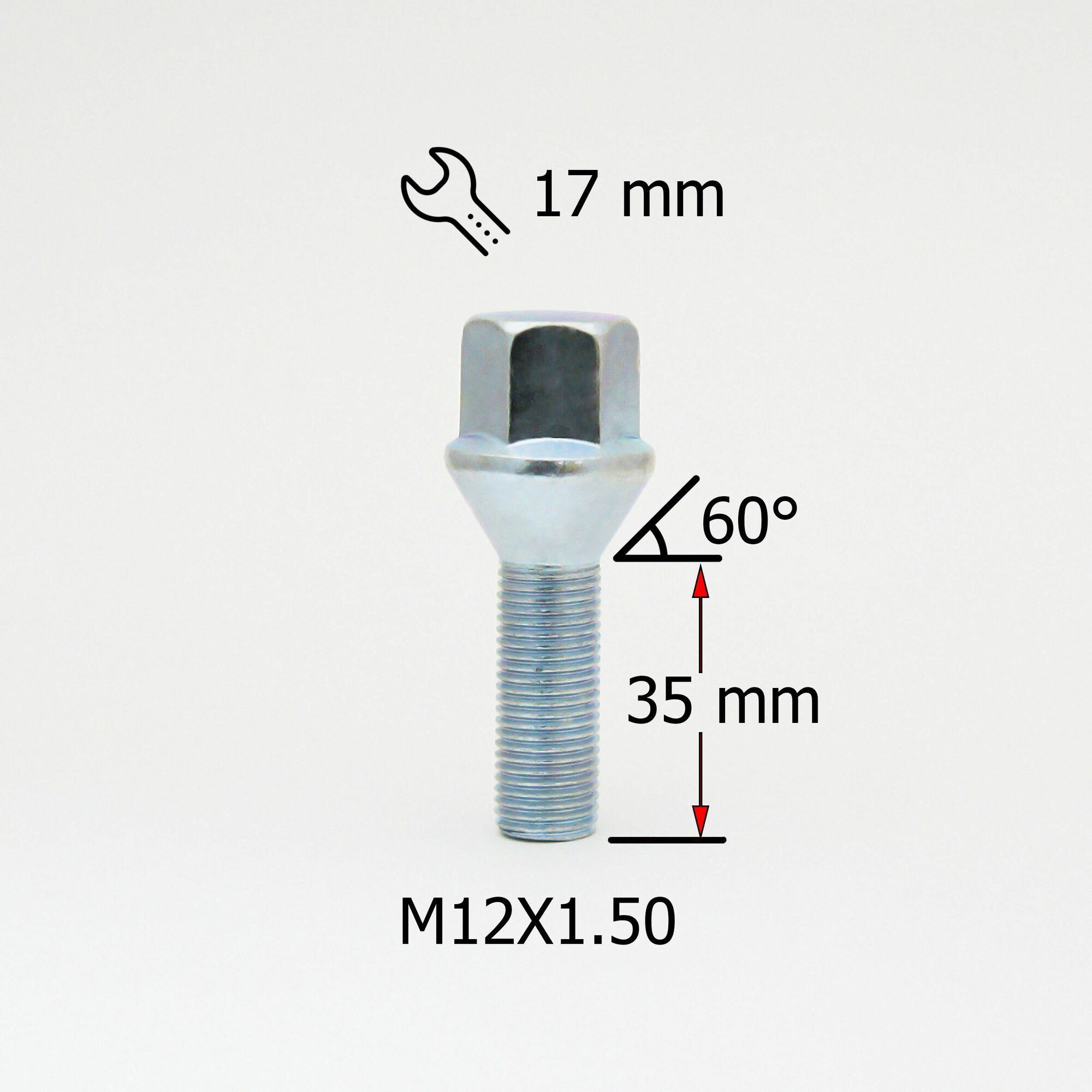 Болт колесный M12x1,5 длина резьбовой части 35мм, конус, ключ 17мм, цинк