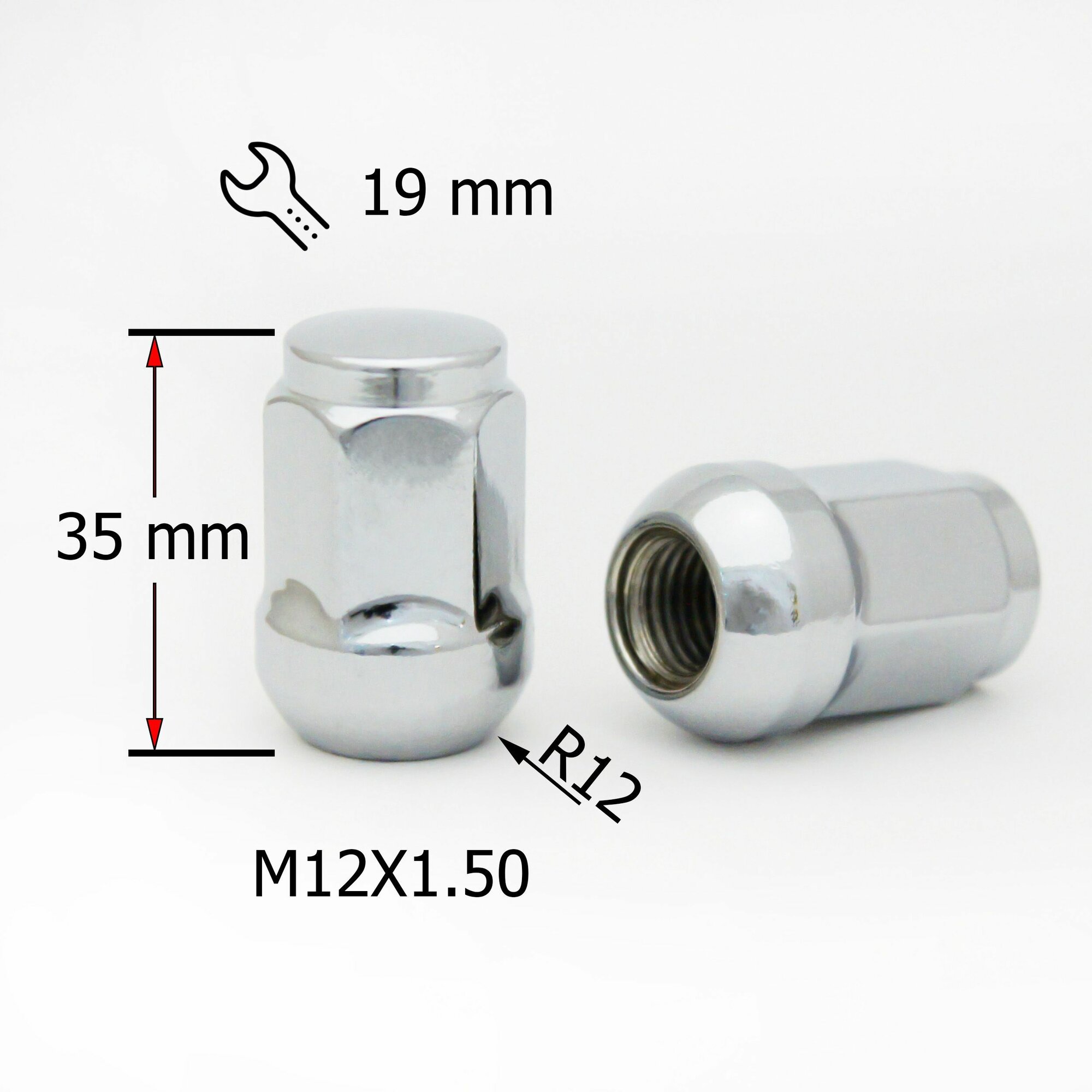 Гайка колесная M12х1,5 высота 35мм, Сфера, закрытая(цельная), ключ 19мм, Хром