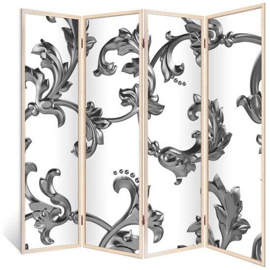 Ширма перегородка Декор Депо для комнаты деревянная "Барокко серебро" двухсторонняя с картинкой (абстр) 4 створки кремовый дуб 176х185 см 14 кг