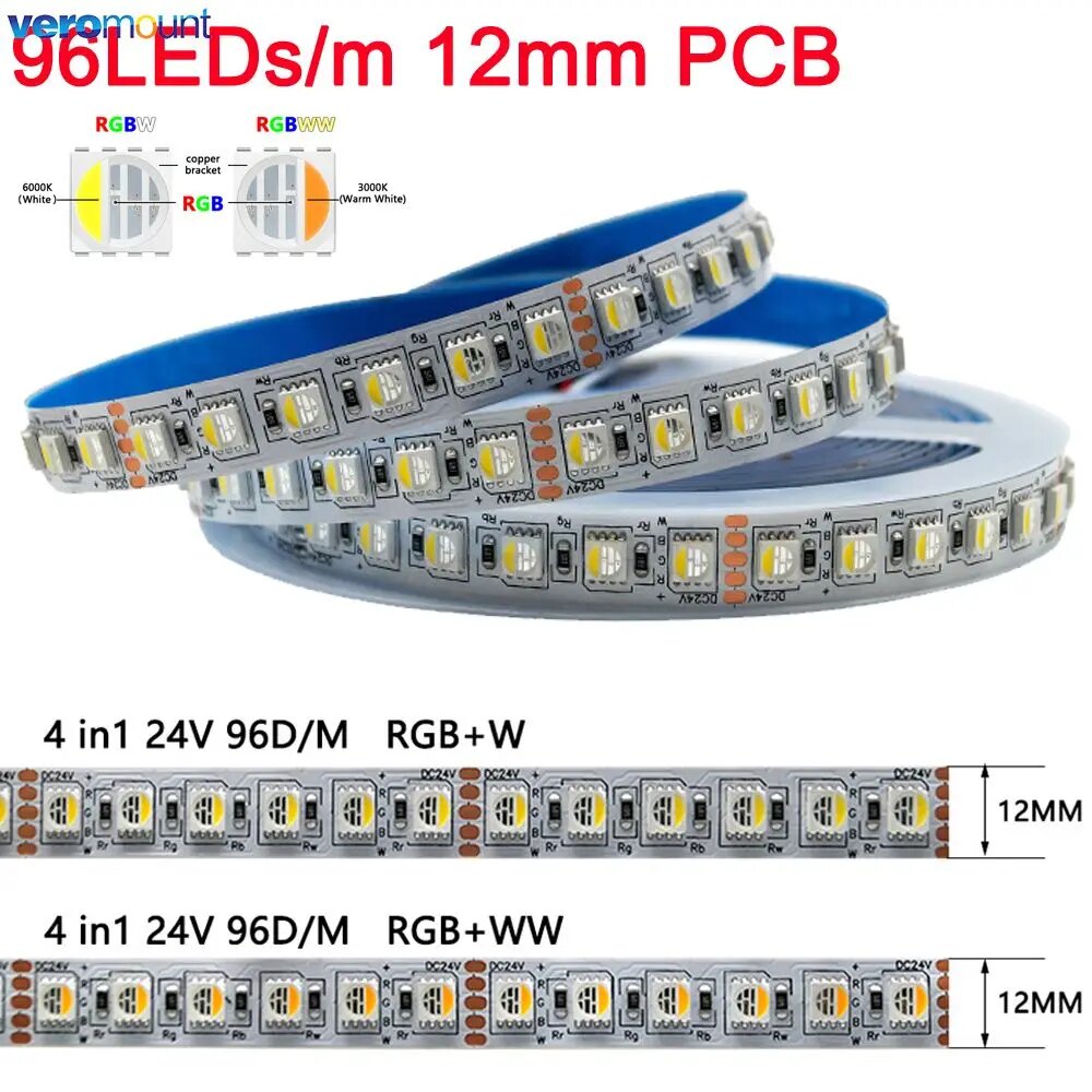 Светодиодная лента Veromount RGBW/RGBWW 5м 60/84/96/120 LEDs/m 96LEDs 4 in 1 RGBW, IP67 Waterproof, RGBWW, 24V DC