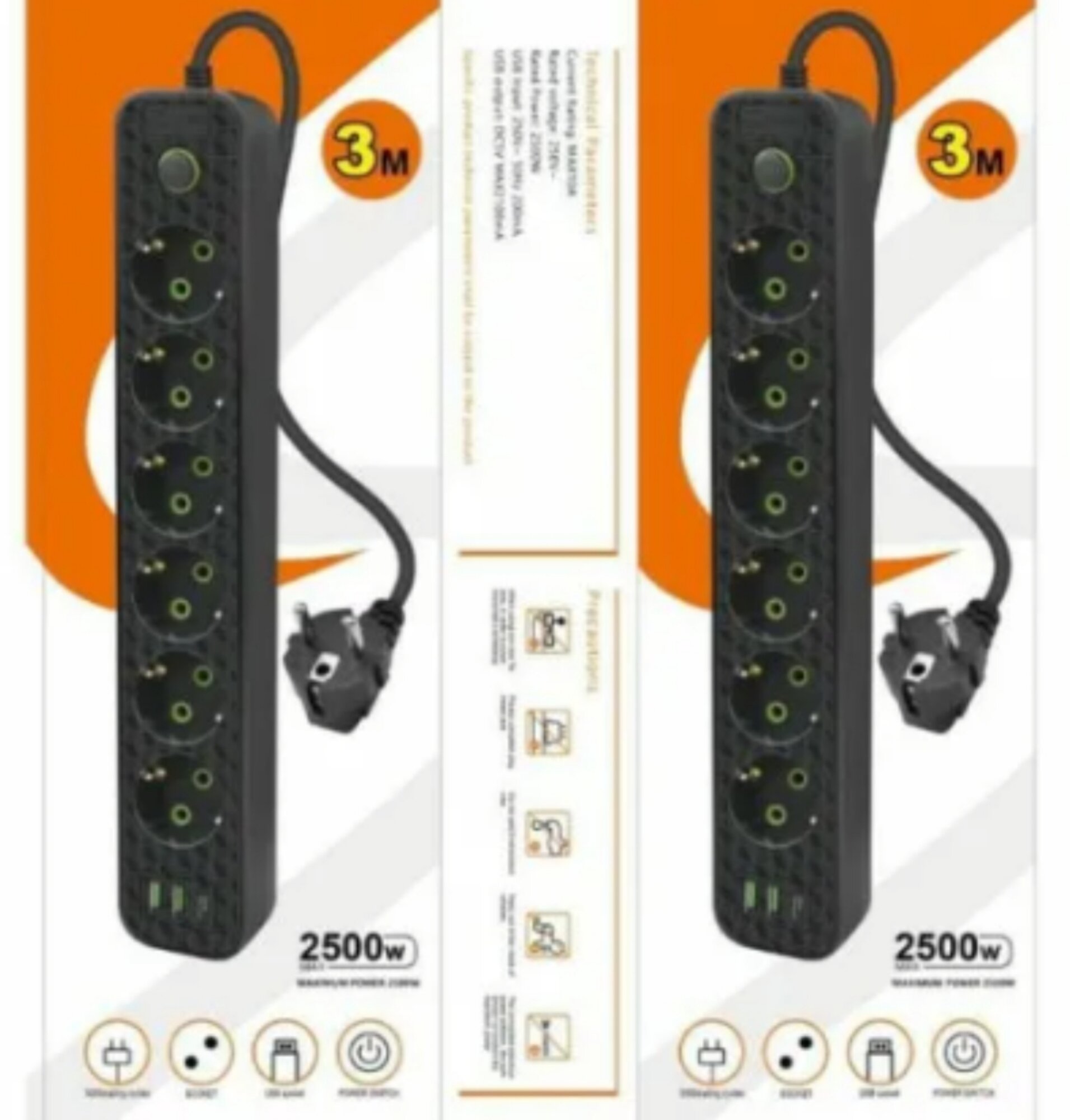 Сетевой фильтр, бытовой удлинитель с Type-C и USB, длина 3 метра HG-2606/ Сетевой фильтр 3м. 6 розеток, 2 USB, 1 Type-C, черный