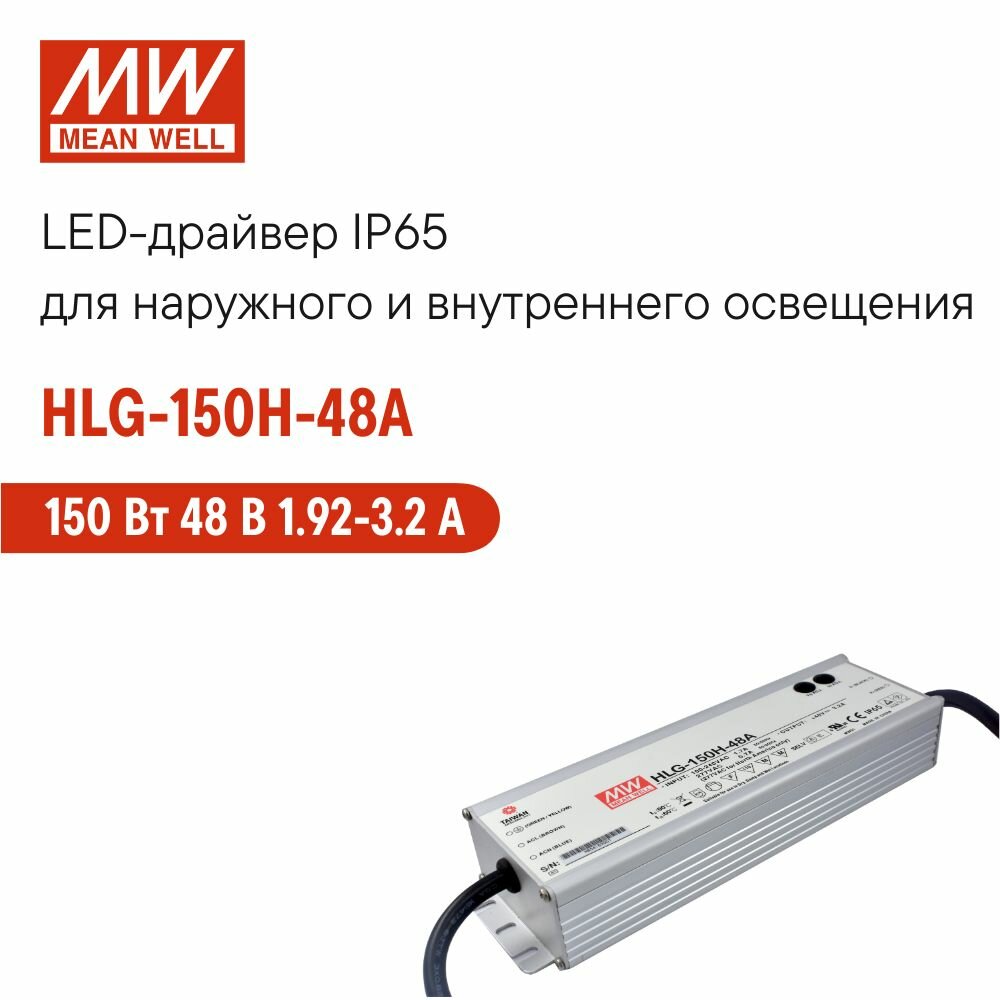 LED-драйвер MEAN WELL HLG-150H-48A 150 Вт, 48 В, 3,2 А стабилизация CV+CC, корпус IP65