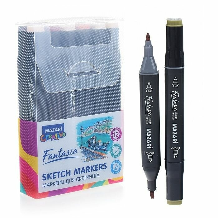 Набор маркеров для скетчинга Mazari двусторонние, Fantasia, 12 цветов, 3,0-6,2 мм (M-15017-12)