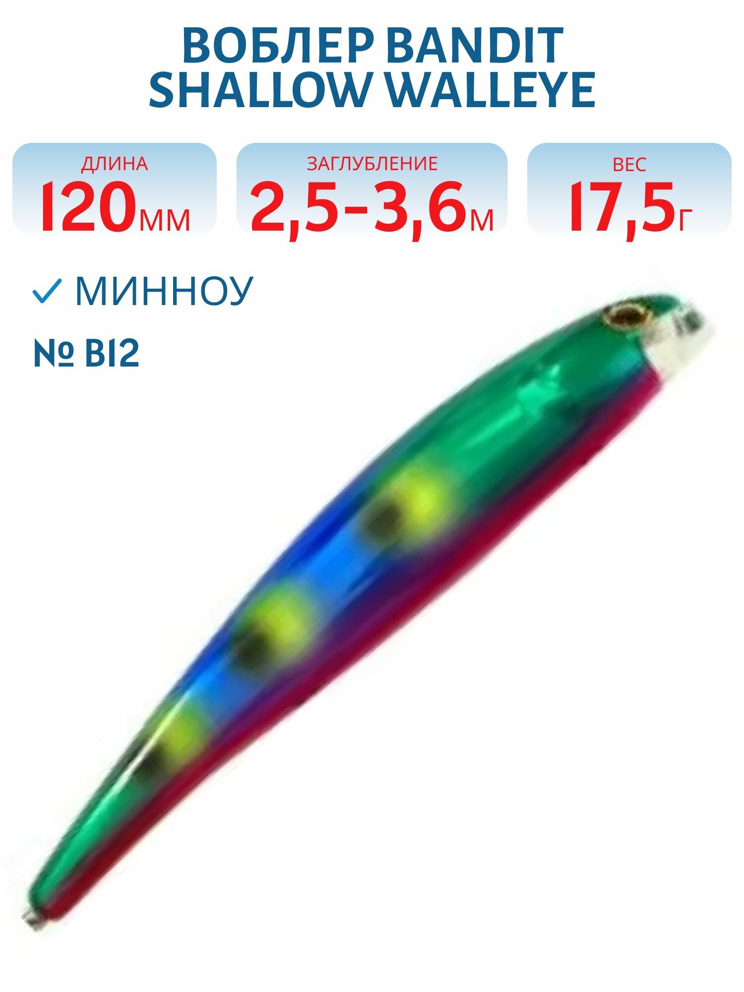 Воблер BANDIT SHALLOW WALLEYE, 120 мм, 17,5 гр, цвет B12