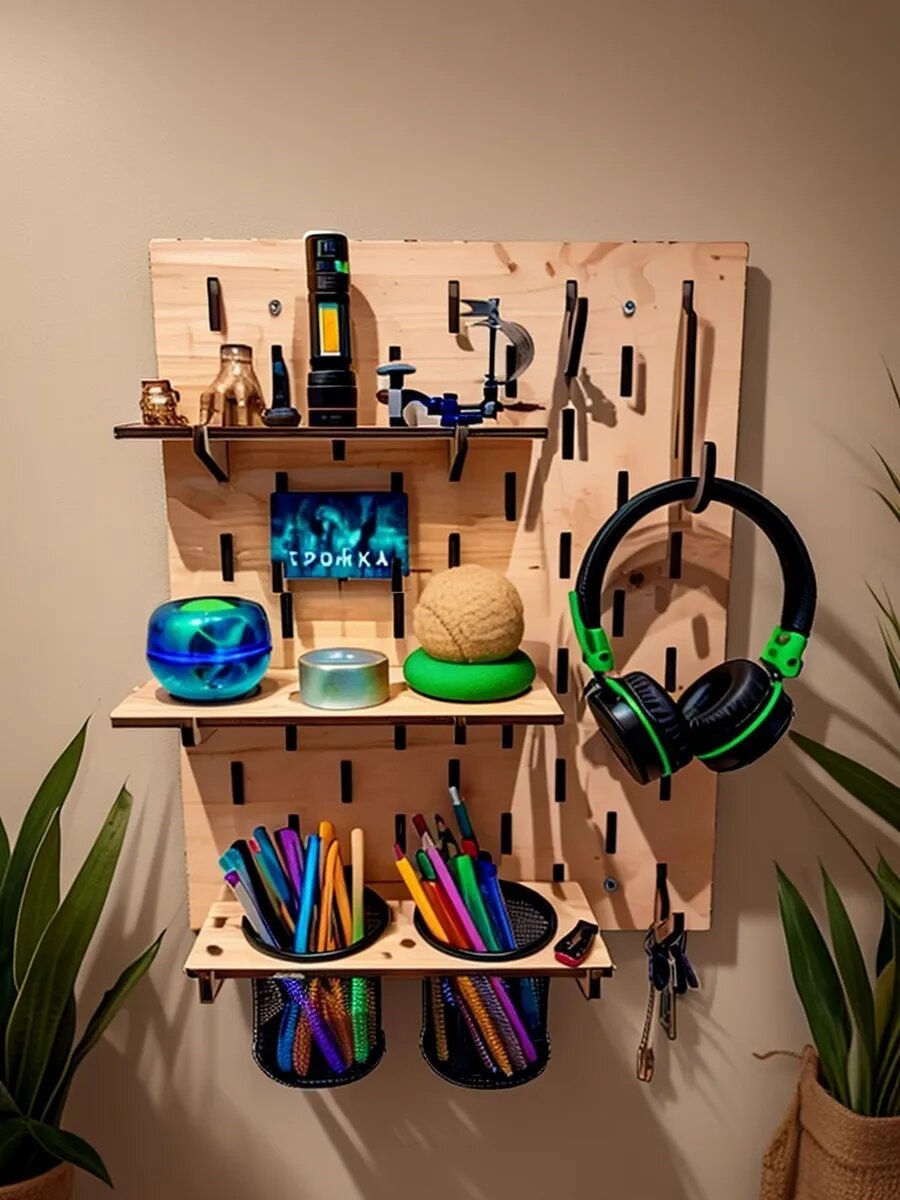 Пегборд органайзер настенный, для школьника, творчества, дерево, бежевый, 6 крючков, 3 полки