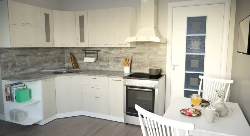 Кухонный гарнитур Герда Лариса оптима 3 1500*1800 мм, каркас ЛДСП, фасад ЛДСП; Стекло, Белый/Латте