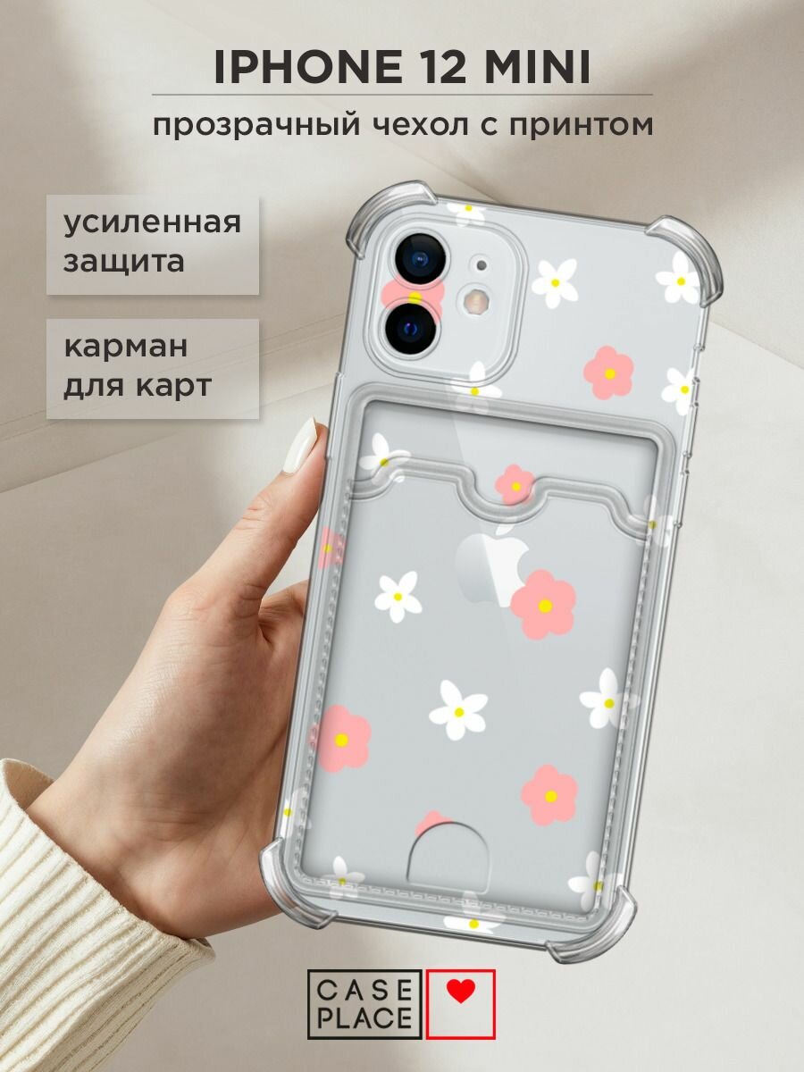 Чехол на Apple iPhone 12 mini (Айфон 12 Мини) с картой и принтом "Розовые и белые цветы"