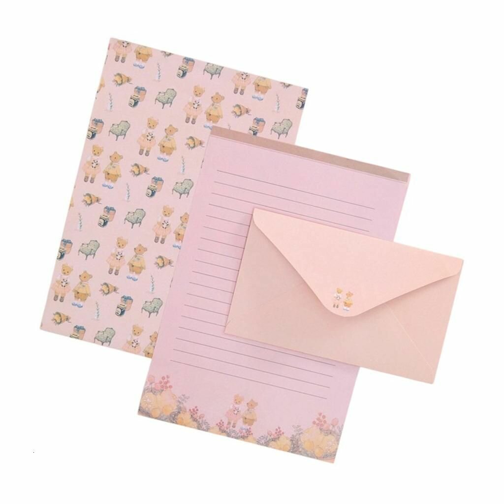 Дружелюбные конверты и набор бумаги для писем с цветочным узором, Пара медведей