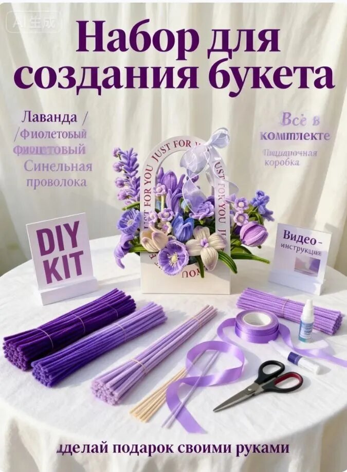 Набор для творчества "Букет из синельной проволоки" (DIY), фиолетовые цветы своими руками с подарочной коробкой, пушистая проволока для рукоделия