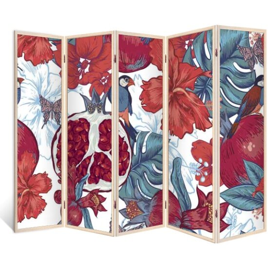 Ширма перегородка Декор Депо для комнаты деревянная "Гранатовый лак" двухсторонняя с картинкой (живопись) 5 створок кремовый дуб 176х230 см 18 кг