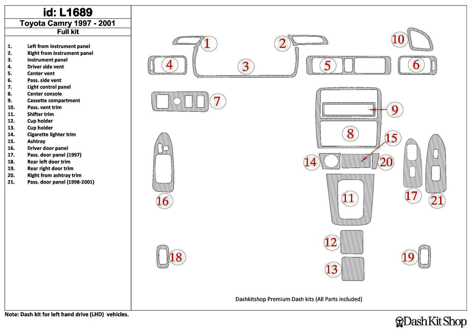 Накладки салона под дерево, карбон, алюминий для Toyota Camry 1997-2001. Комплект L1689.
