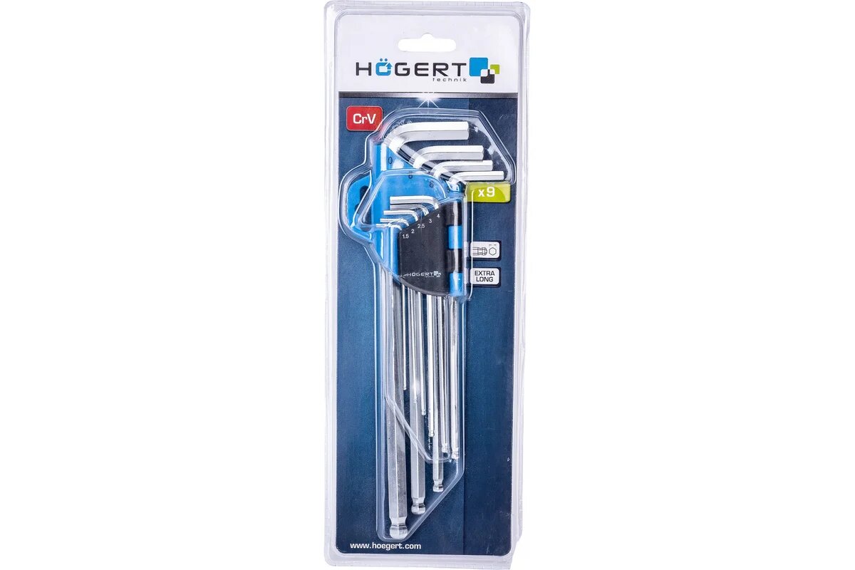 Набор шестигранных г‑образных удлиненных ключей HOEGERT TECHNIK CrV 9 шт