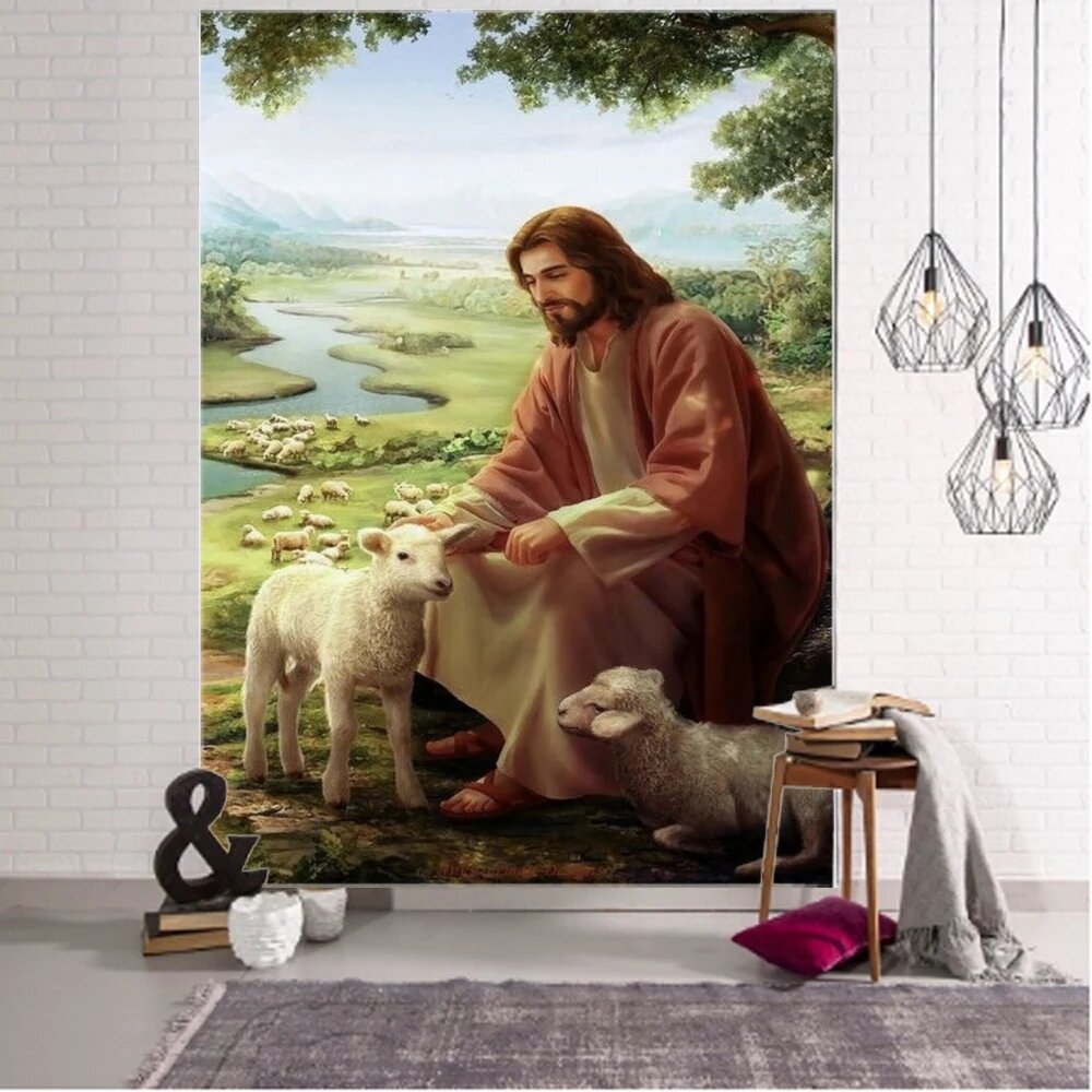 Гобелен Иисус с ягнятами, 90x60см, Бордовый