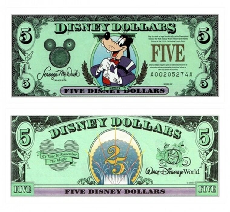 5 долларов Дисней, Disney Dollar 1997, сувенирная копия, банкноты и купюры редкие коллекционные