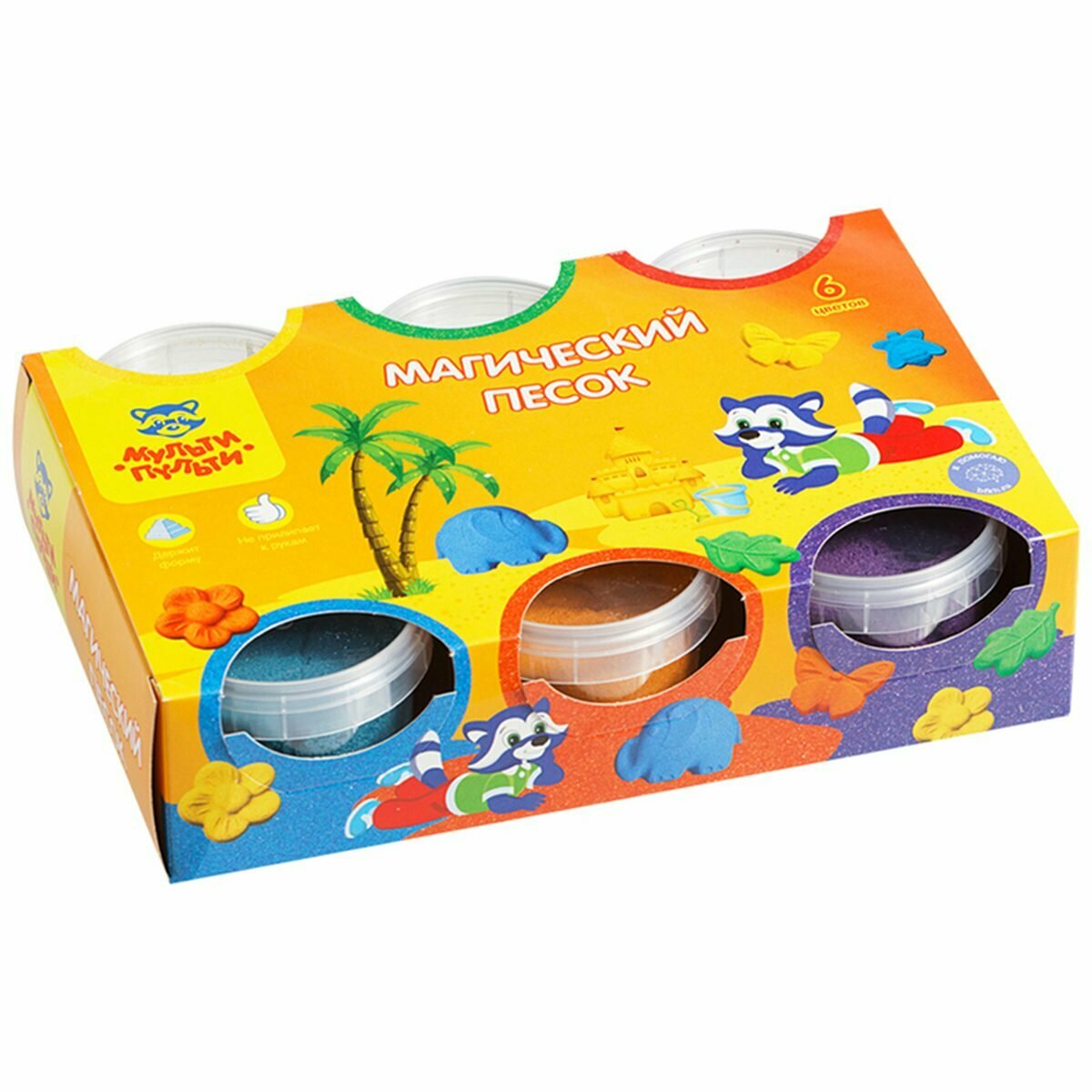 Песок для лепки Мульти-Пульти "Приключения Енота", 6 цветов, 840г, 2 формочки (ПН_15815)