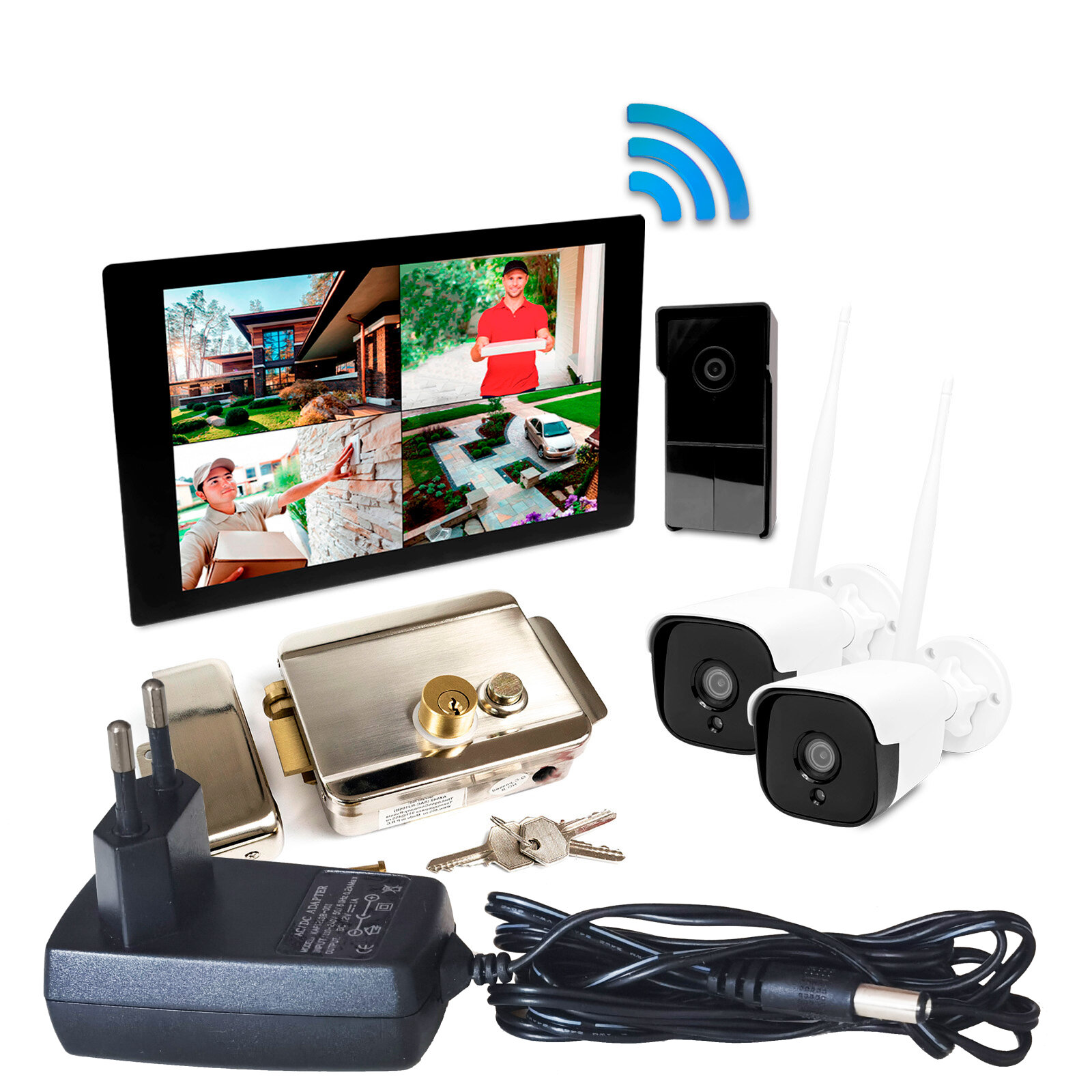 Wi-Fi видеодомофон TUYA с 2 камерами и с электрозамком - SkyNet-10.00 (1+2+AX042) (Y12538YKS): WiFi HD монитор 10 дюймов, 3MP вызывная Wi-Fi панель,