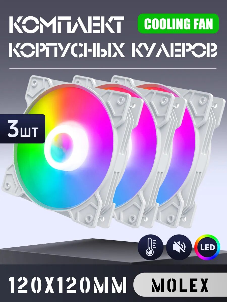 Вентилятор для пк 120 мм *3 шт, Вентилятор для корпуса компьютера 120х120мм с RGB подсветкой.