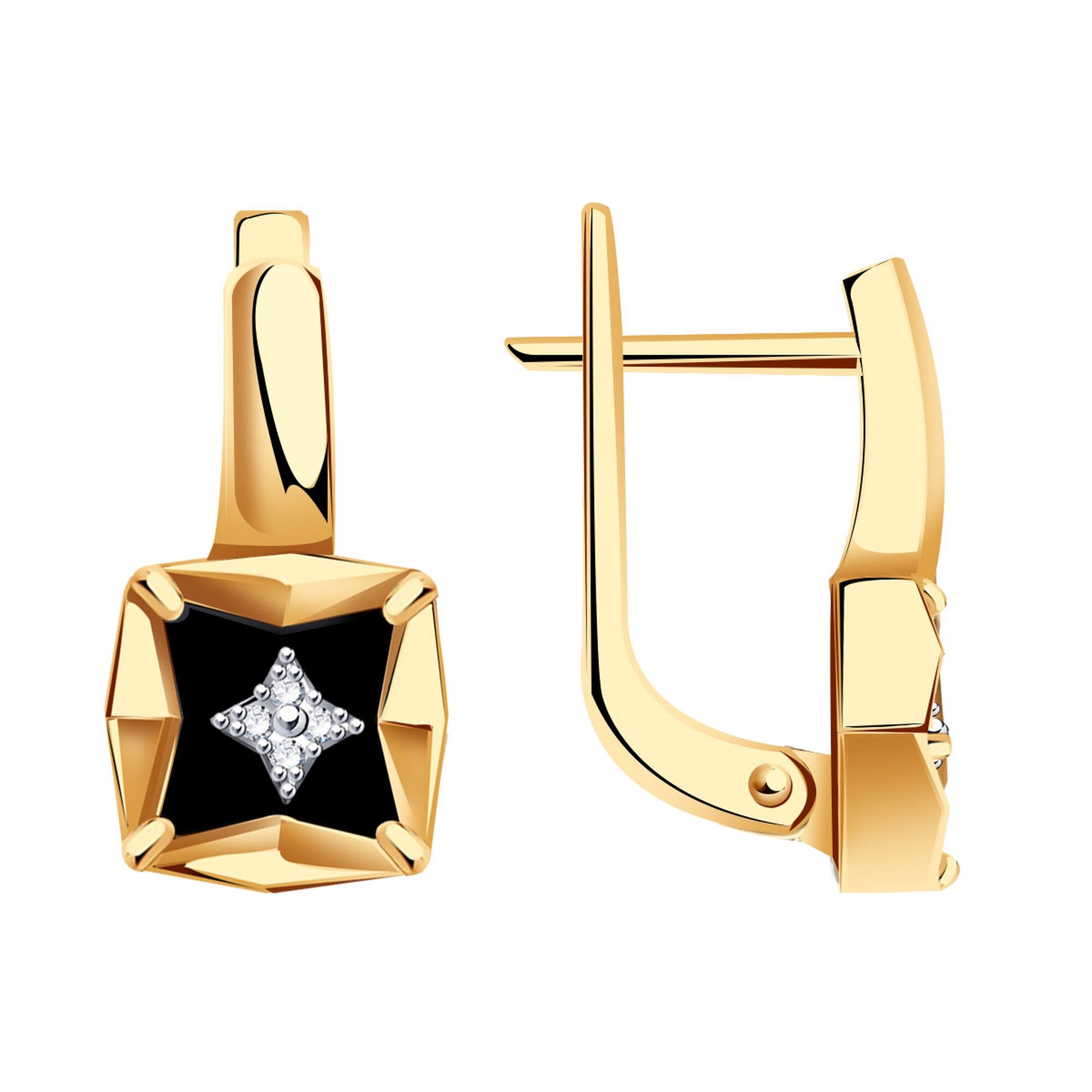 Серьги, красное золото, 585 проба, оникс, фианит