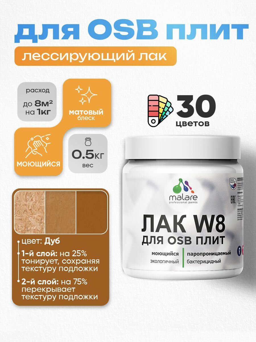 Лак колерованный тонирующий для защиты ОСБ плит Malare W8 для дерева и минеральных поверхностей, паропроницаемый водный без запаха, матовый, дуб, 0.5 кг.