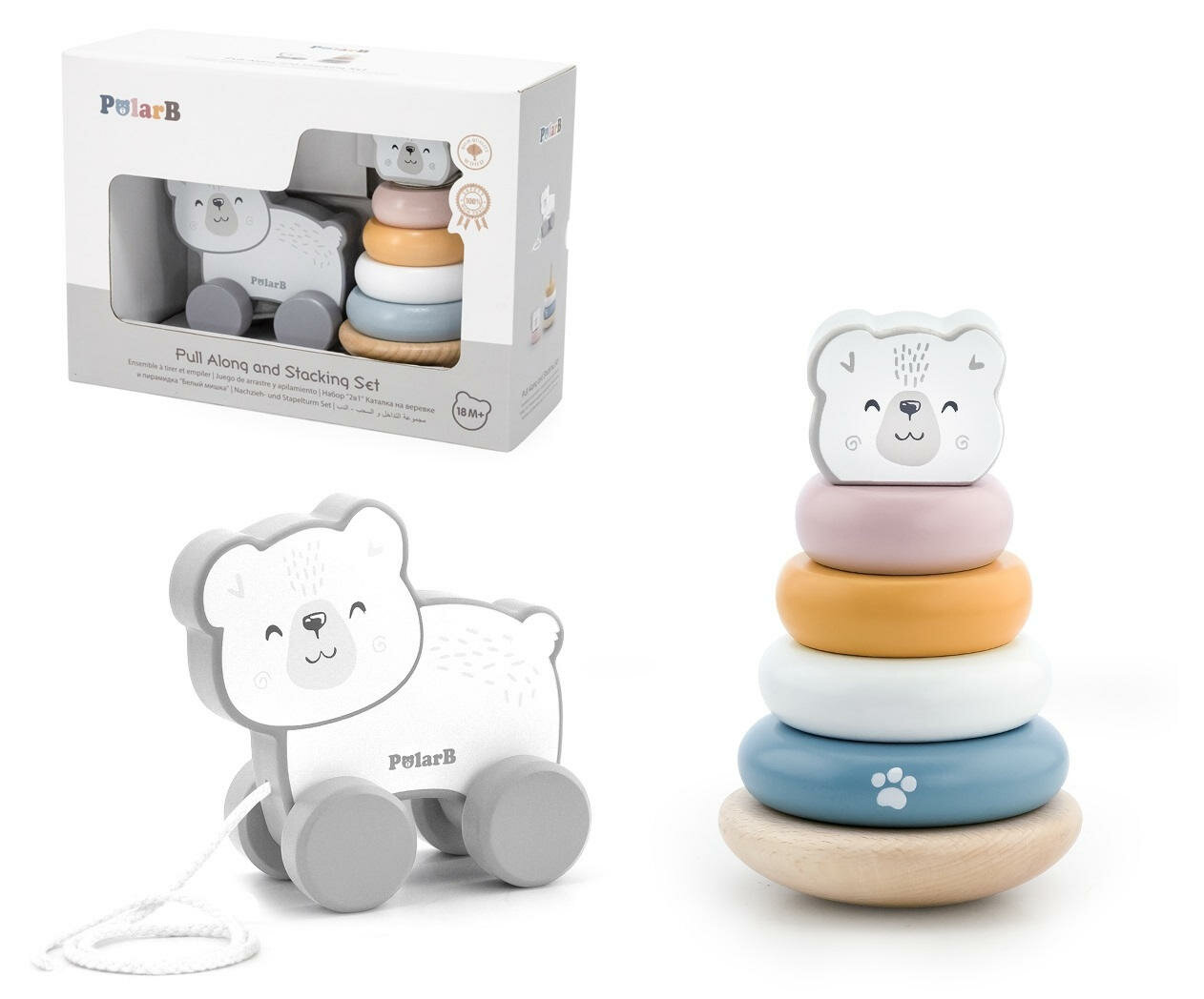 Набор "2в1": каталка на веревке и пирамидка "Белый мишка" в