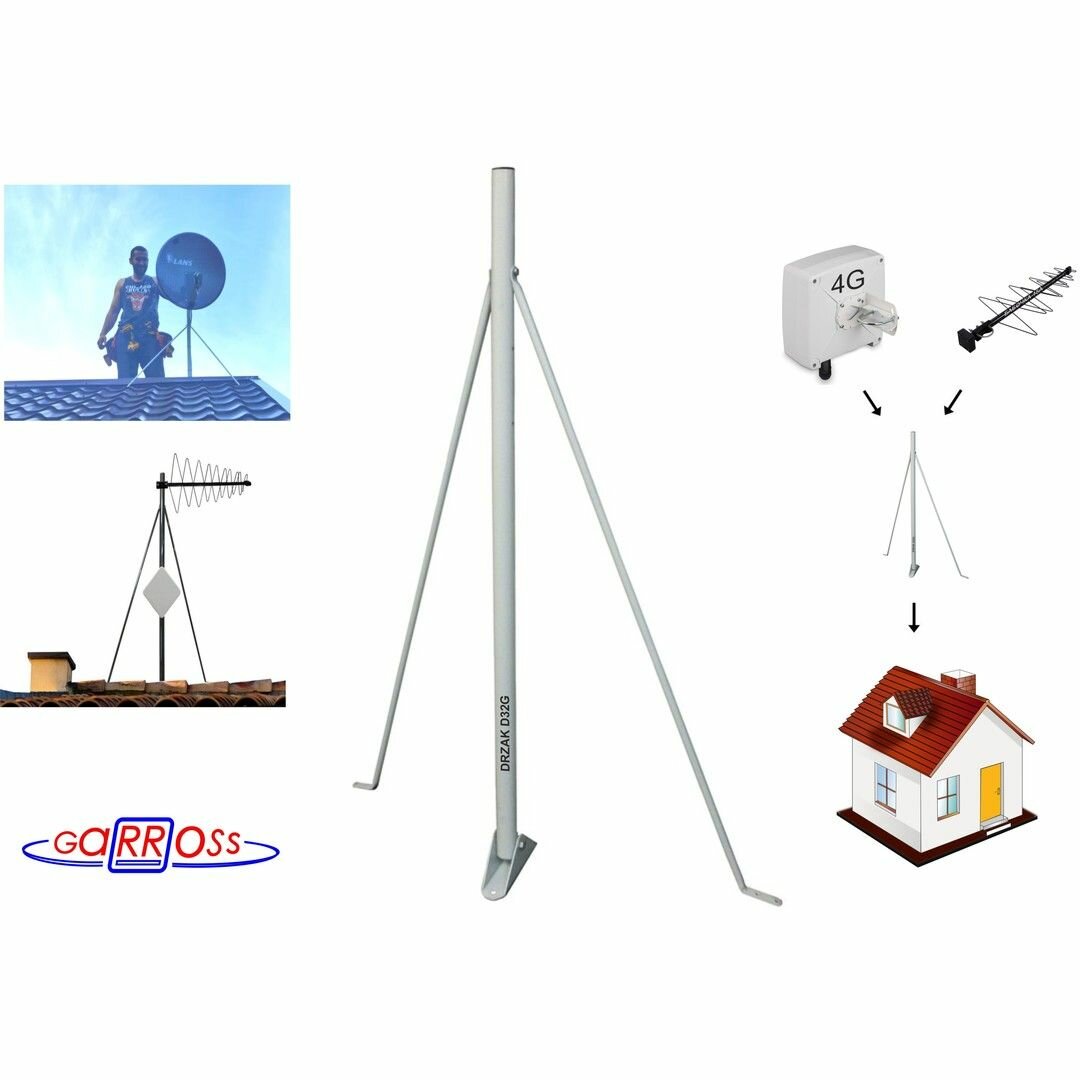 Кронштейн на крышу для антенны MAIMA-18073 высота 1метр с жёсткими растяжками, на наклонную крышу, диаметр 32мм