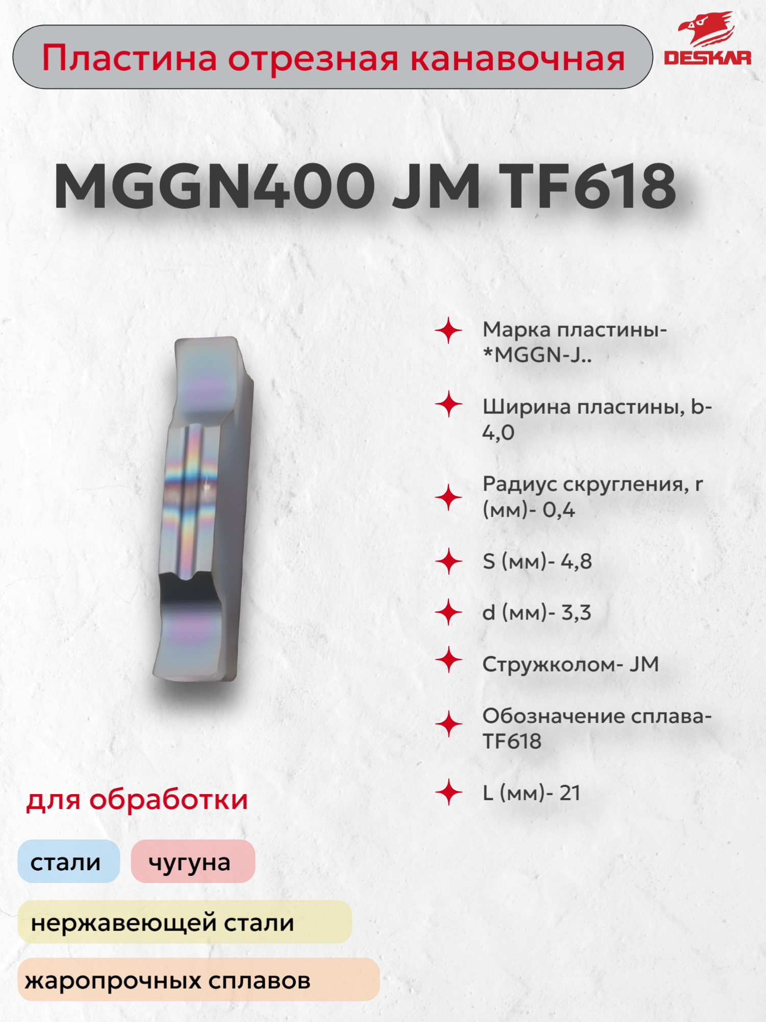 MGGN400 JM TF618 пластина отрезная, канавочная (1 шт.) DESKAR 00-00046311