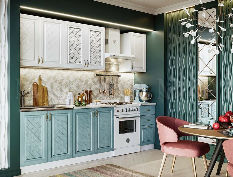 Кухня прямая Миф Ирина 2,0м (490) Белый матовый/Голубой со столешницей Антарес