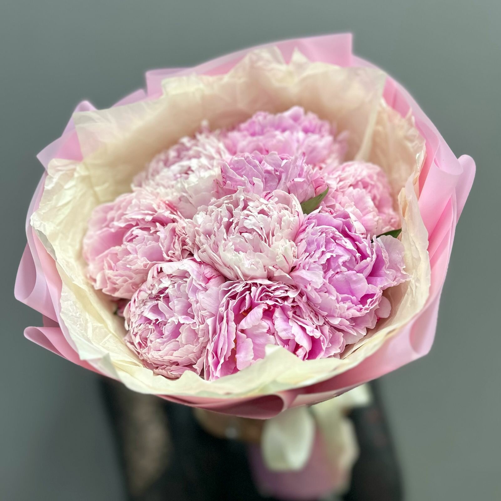 Букет FLOWELLE, 9 пионов Сара Бернар, высота 50см, в пленке и бумаге тишью