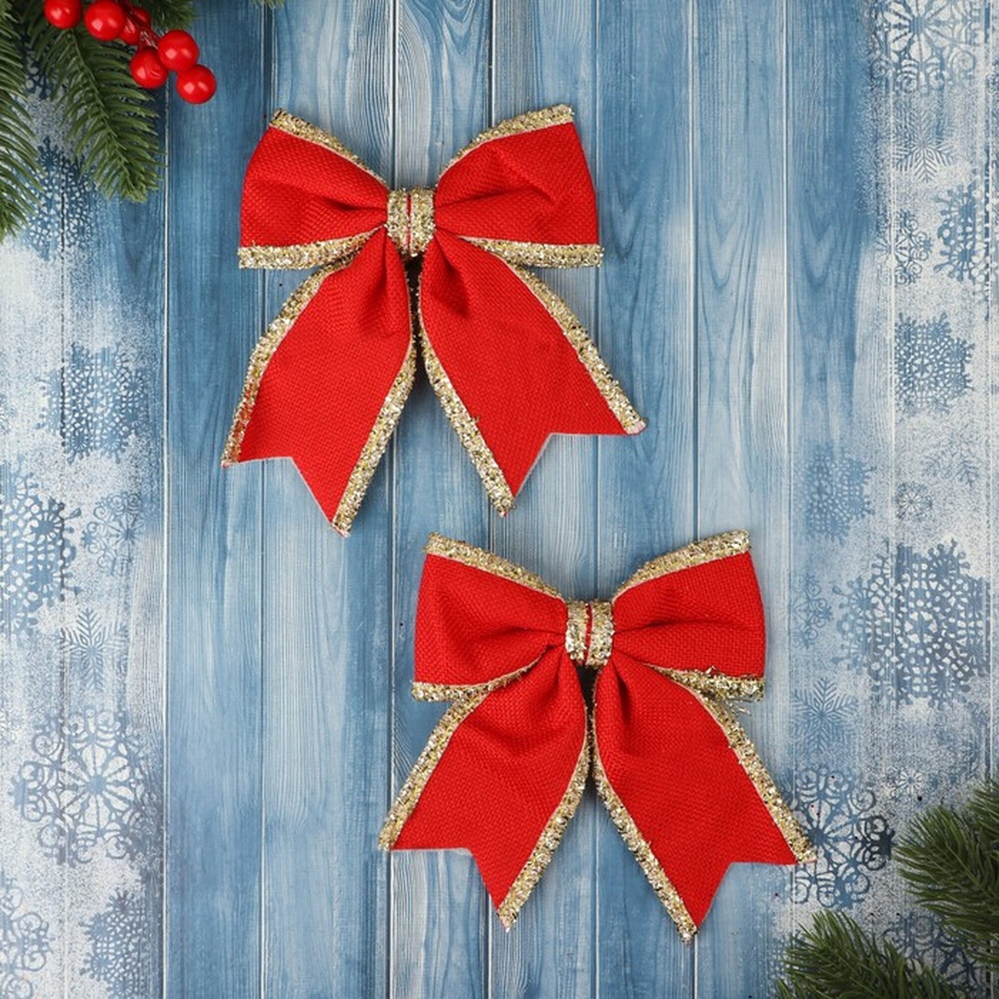 Ёлочные игрушки 2 шт. «Зимнее волшебство. Бант классический» пластик, 14×14 см, красный