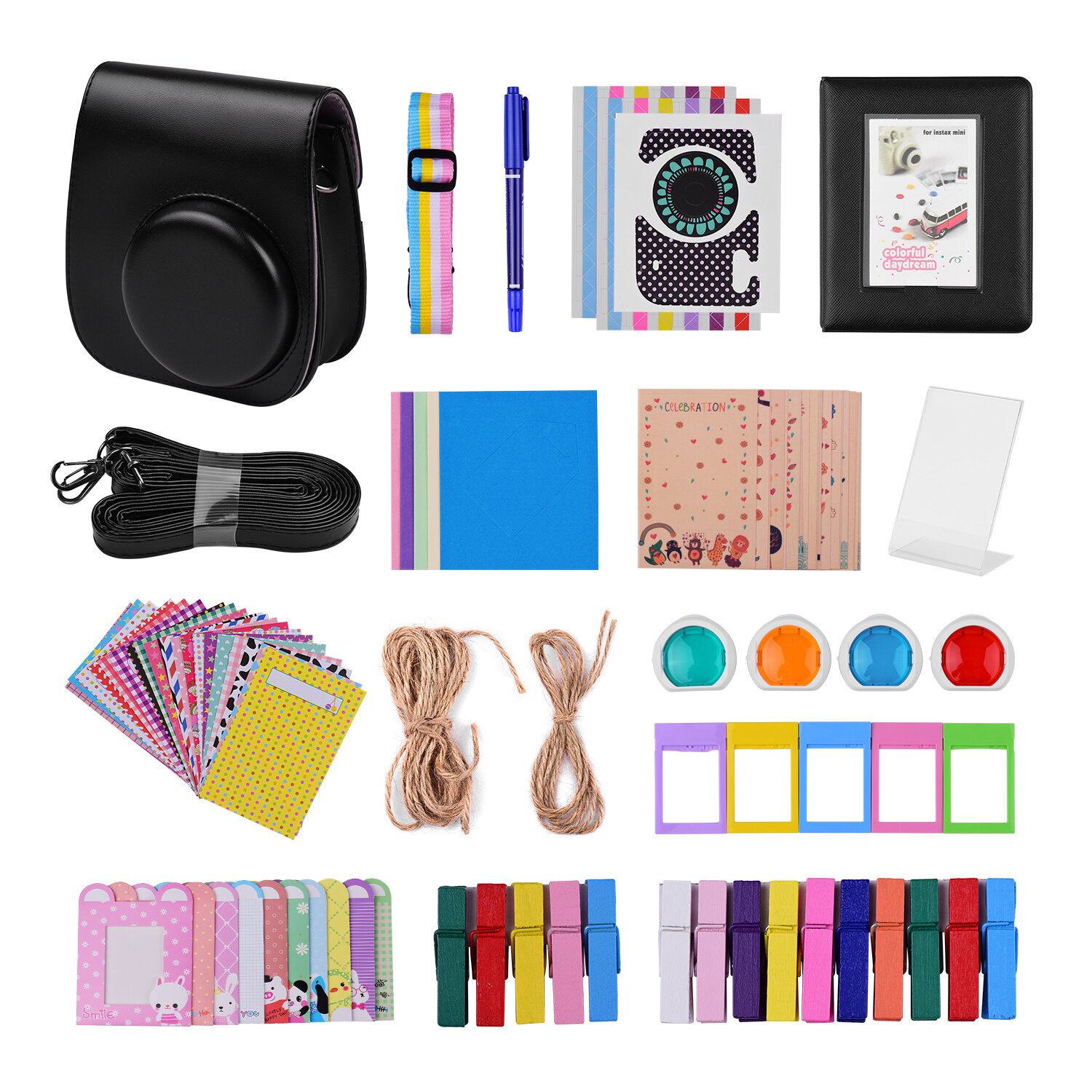 Комплект аксессуаров для камеры 12-в-1 для Fujifilm Instax Mini 11 с чехлом, ремешком, альбомом, клипсами, рамкой, веревкой, стикерами, ручкой, цвет: white/black/purple/blue/pink/silver
