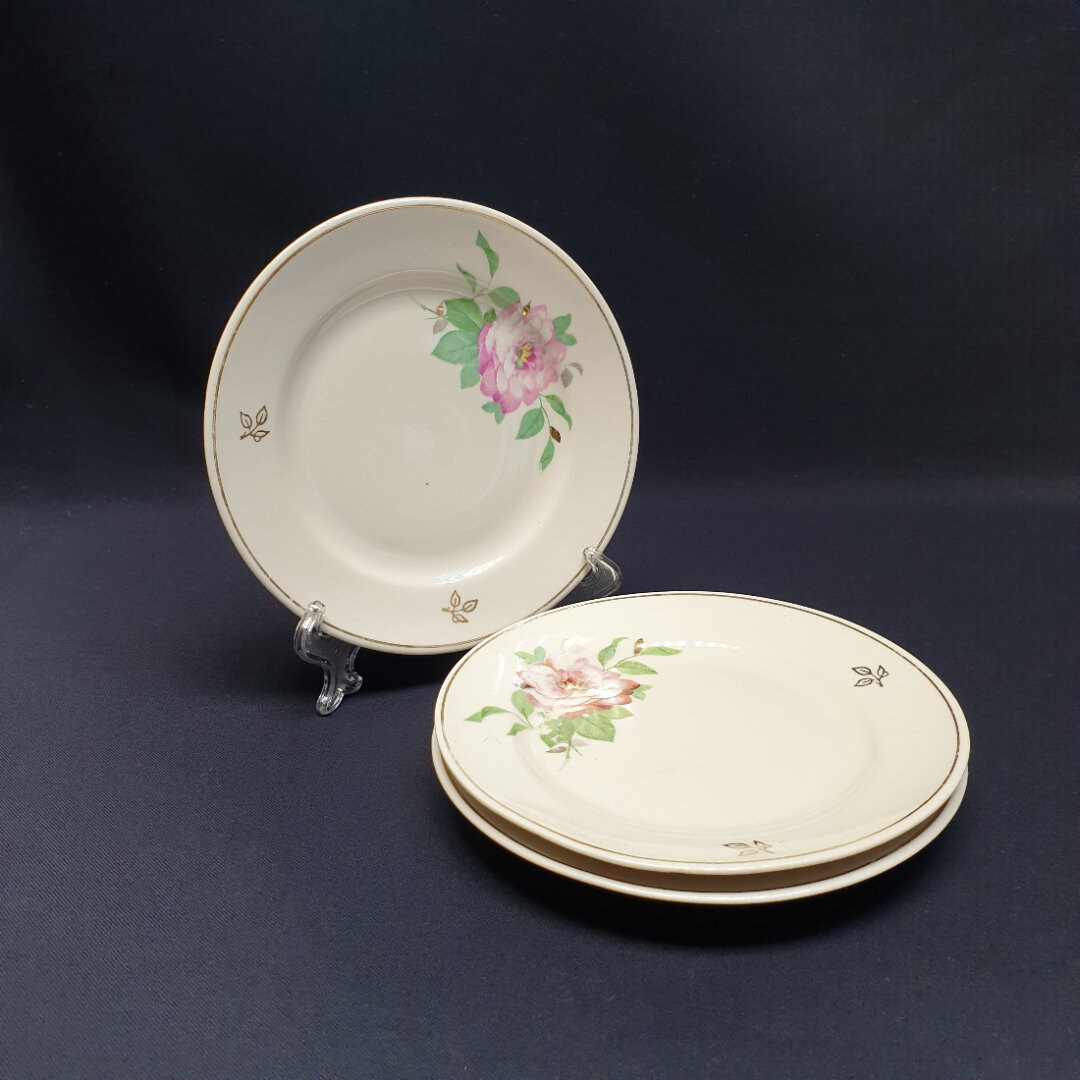 Набор из 3 пирожковых тарелок, деколь позолота 15 см, пересорт клейм, винтаж СССР