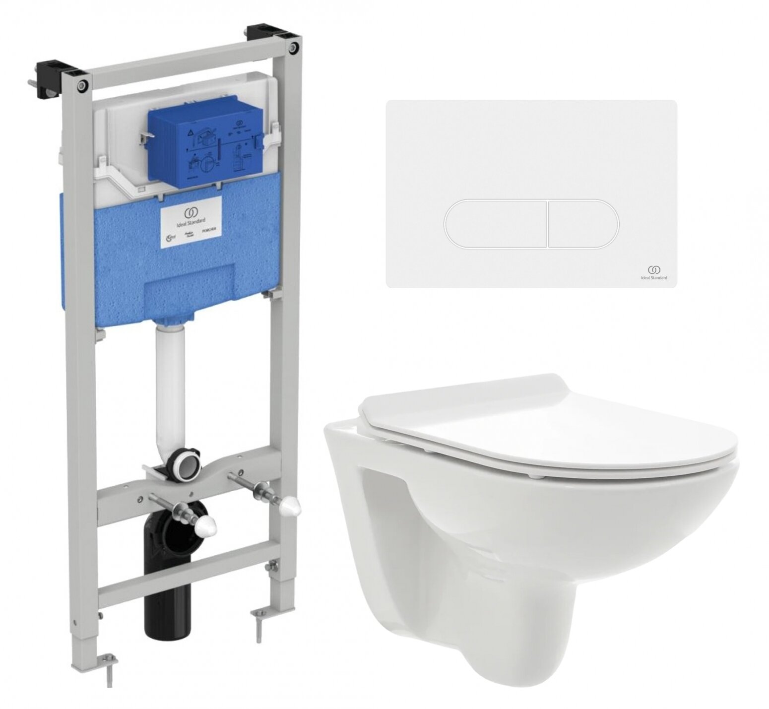 Комплект 3 в 1 инсталляция Ideal Standard + Унитаз подвесной AQUAme AQM2008 + кнопка белая