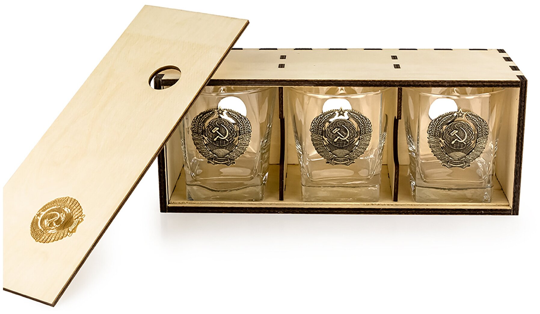 Коллекционный сувенирный стакан для виски Герб СССР (3шт) (ВхШхД 9см./9см./9см.)