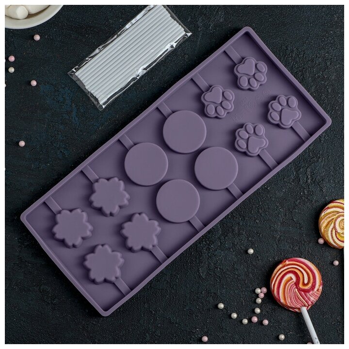 Форма силиконовая для леденцов Доляна «Вкусная сладость», 26,5×11,5 см, 12 ячеек (d=4 см), с палочками, цвет микс