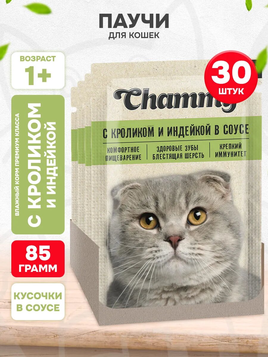 Корм влажный Chammy для взрослых кошек, кролик и индейка в соусе, 85 г 30 шт