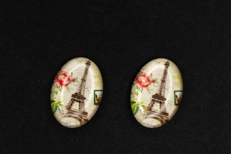 Кабошон стеклянный овальный с принтом Эйфелева башня 25х18х6мм, цвет светло-серый, 2001-021, 1шт