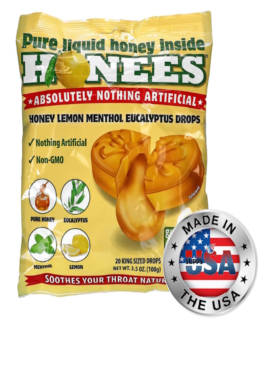 Honees, леденцы от кашля, мед и лимон, 20 крупных леденцов