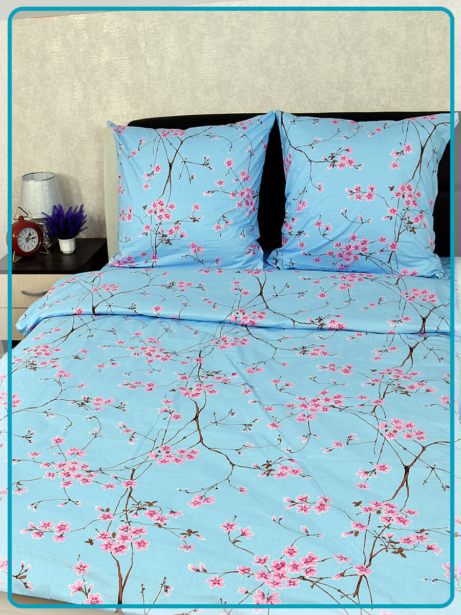 Постельное белье Шуйская бязь Сакура голубая 6698-1 1,5 спальное