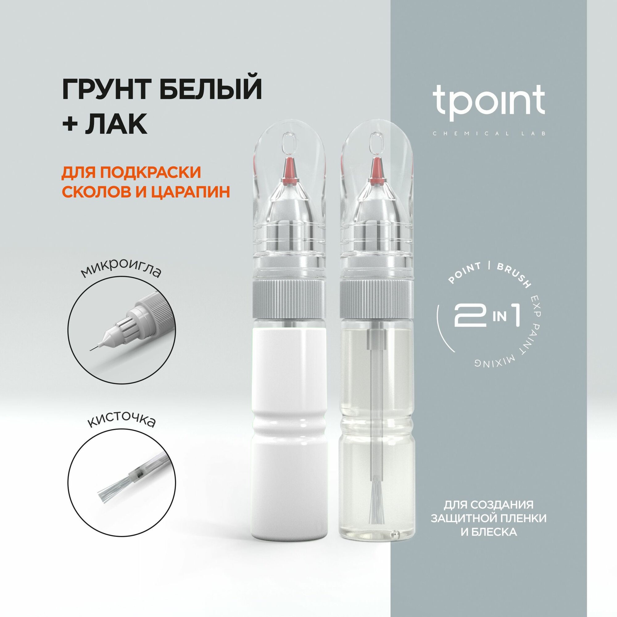 Набор - штрих-корректоров Грунт изолятор Белый + Лак акриловый, штрих-корректор от сколов и царапин, 20мл+20мл