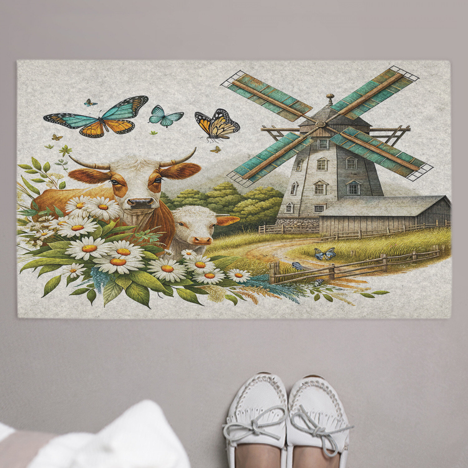 Коврик придверный в прихожую с принтом "Коровы в ромашках" 45 на 75 см , JoyArty