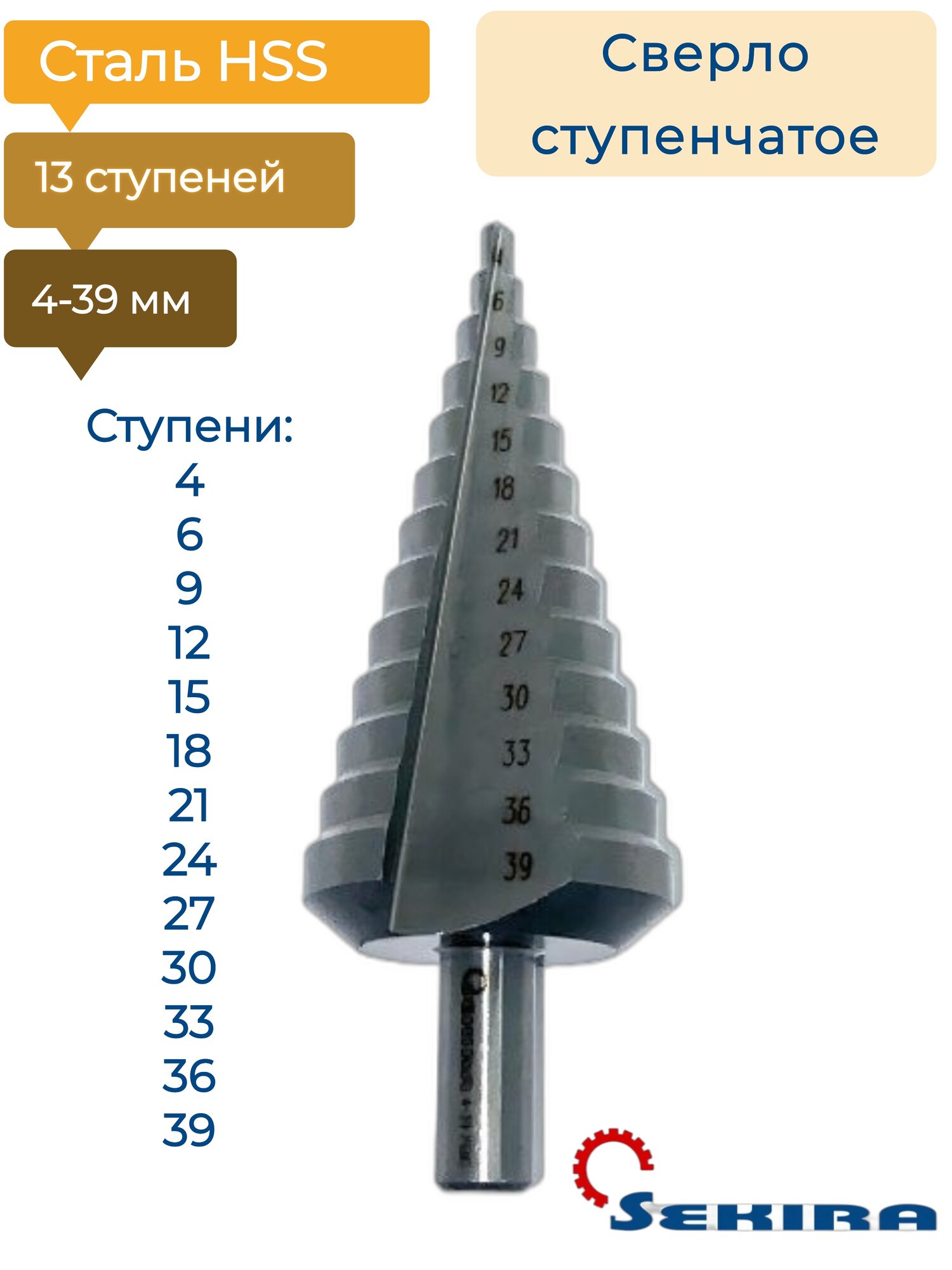 Сверло ступенчатое по металлу, 13 ступеней, 4-39 мм, HSS, цилиндрический хвостовик Sekira