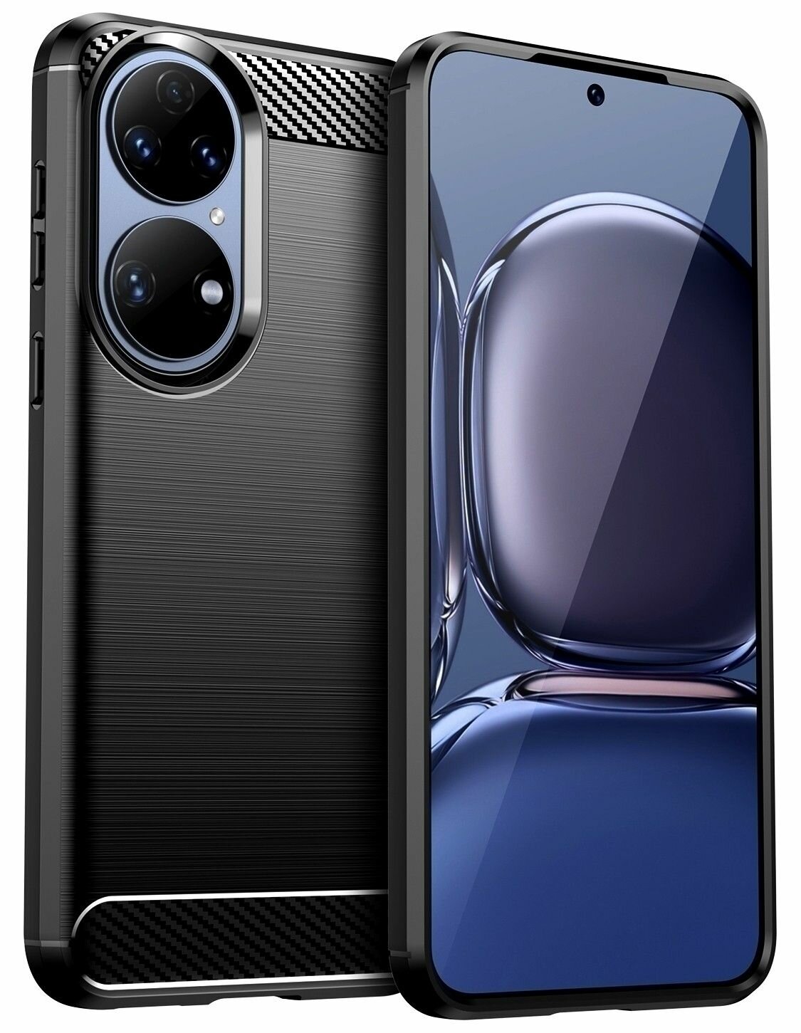 Чехол на Huawei P50 силиконовый карбон сталь чёрный противоударный