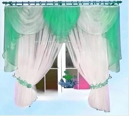 Шторы-вуаль, для кухни, 3x1.7 м, с ламбрекеном, прозрачные, зеленые